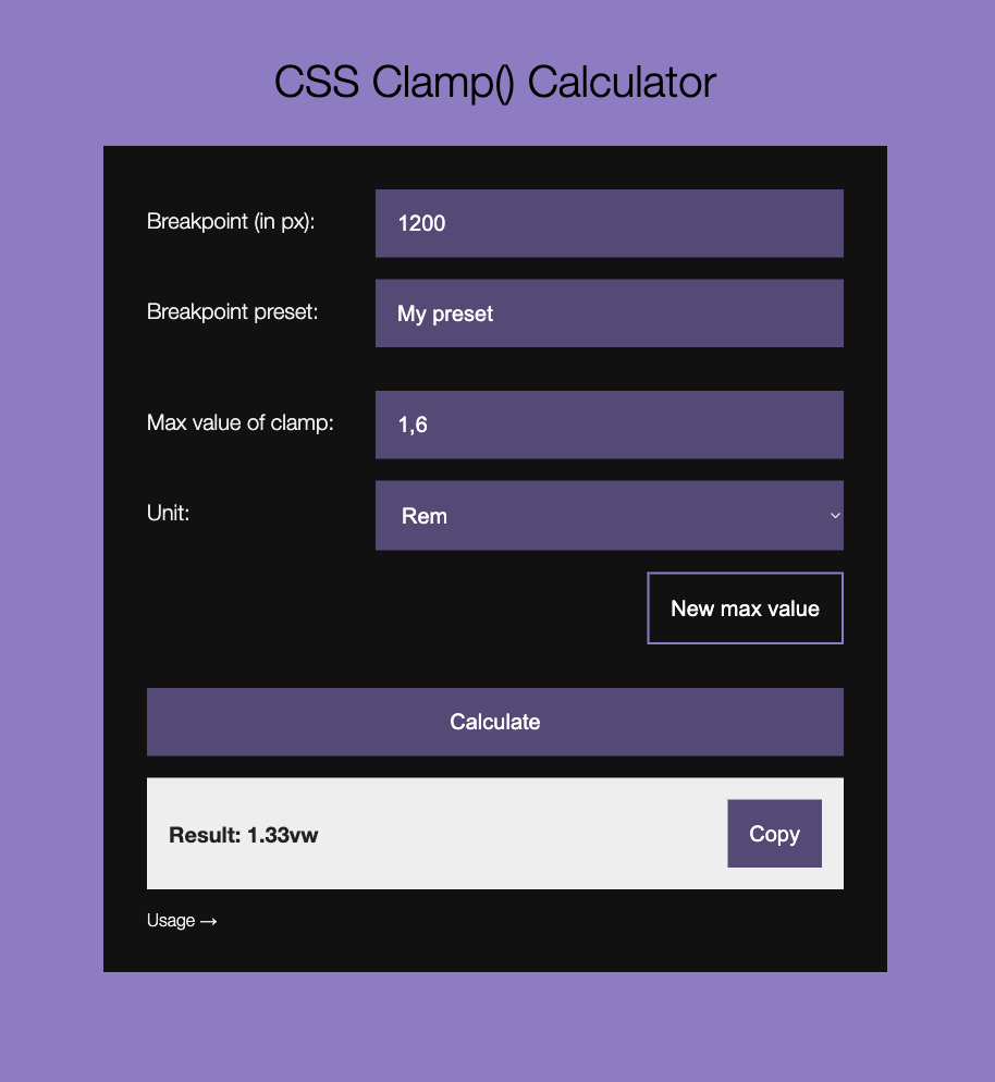 CSS Clamp Calculator – Generate Responsive clamp() Values and preset them